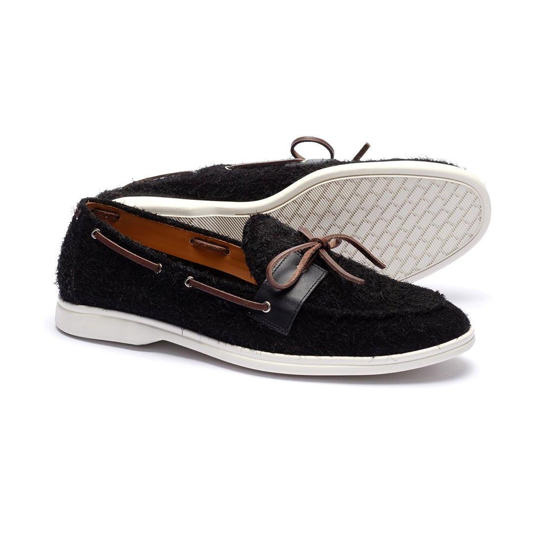 Mens Black Textured Suede Barca Boat Shoe
