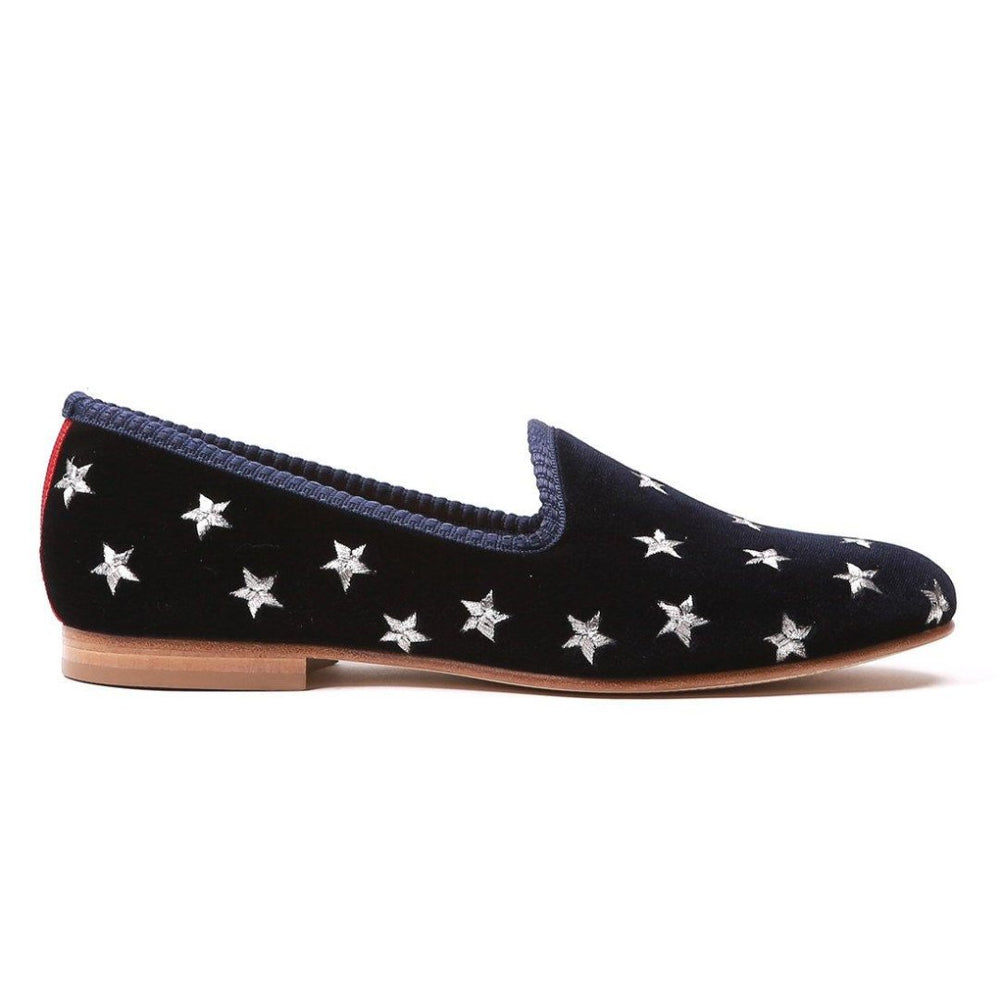 Women's Navy Velvet Slipper with Gold and Silver Star Embroidery