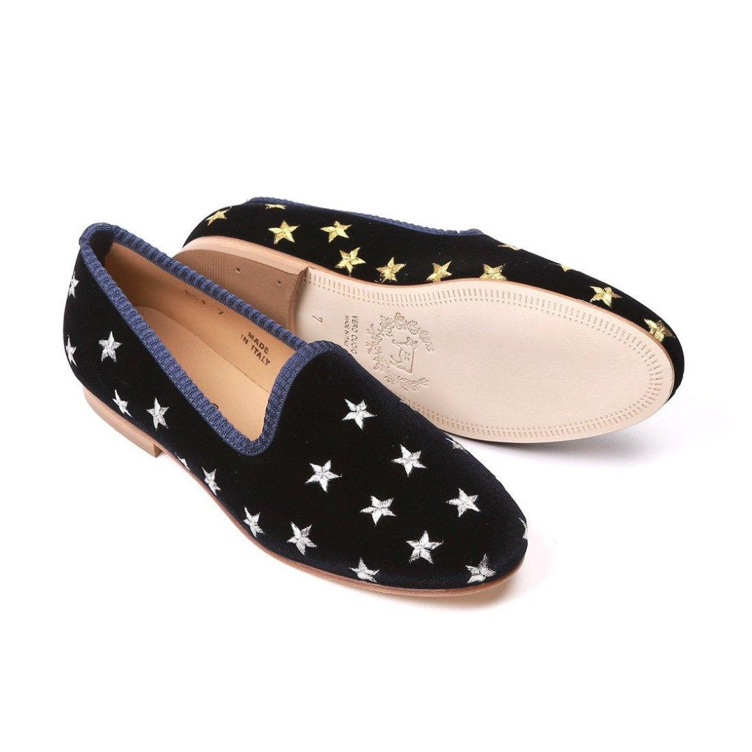 Women's Navy Velvet Slipper with Gold and Silver Star Embroidery